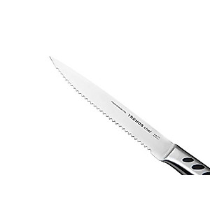 TRENDS Premium Steak Knives Set of 6. Double Forged Premium Stainless Steel. 5 Inch Blades. Serrated Steak Knives Set. Ultra-Sharp and Never Require Sharpening. Your Ultimate Steak Knife Set of 6.