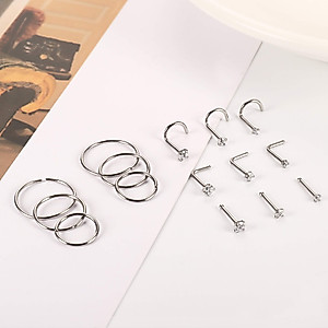 Magitaco 15Pcs 20G Surgical Steel Nose Rings Hoop Nose Ring Studs L Shape Screw Nose Studs Nose Piercing Nose Pins Nose Rings for Women Men