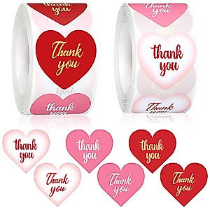 1000 Pieces Heart Thank You Sticker 1.5 inches Valentine's Day Red Pink Label Sticker Adhesive Thank Heart Shaped Sticker Thank Present Tag for Wedding Anniversaries Envelopes Greeting Cards, 2 Rolls