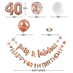 Rose Gold Forty & Fabulous Happy 40th Birthday Banner Garland Foil Balloon 40 for Womens 40th Birthday Decorations Hanging 40 and Fabulous Cheers to 40 Years Old Birthday Party Supplies Backdrop