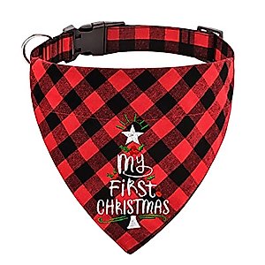 Yoochee Christmas Dog Collar Bandana - Holiday Classic Plaid & Embroidered Dog Bandana with Adjustable Collar, Washable Cotton Kerchief Triangle Bibs Pet Collars for Puppy Dogs Cats