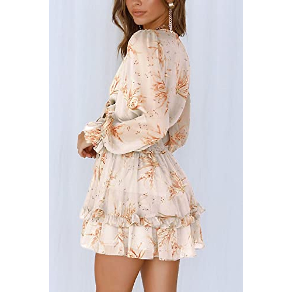 PRETTYGARDEN Women's Short A-Line Flare Dress Knot Front Long Sleeve V Neck Tiered Ruffle Swing Mini Skater Dresses (Apricot Floral,Medium)