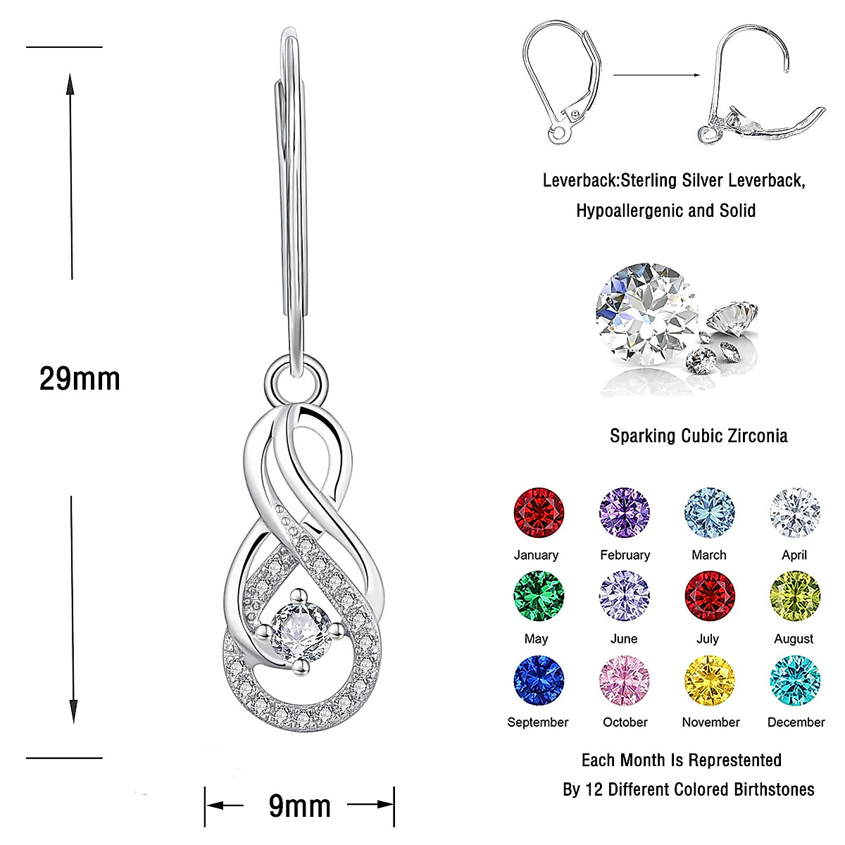 Infinity Sterling Silver Earrings for Women,Infinity Sterling Silver Earrings for Women Birthstone Wedding Leverback Earrings Jewelry