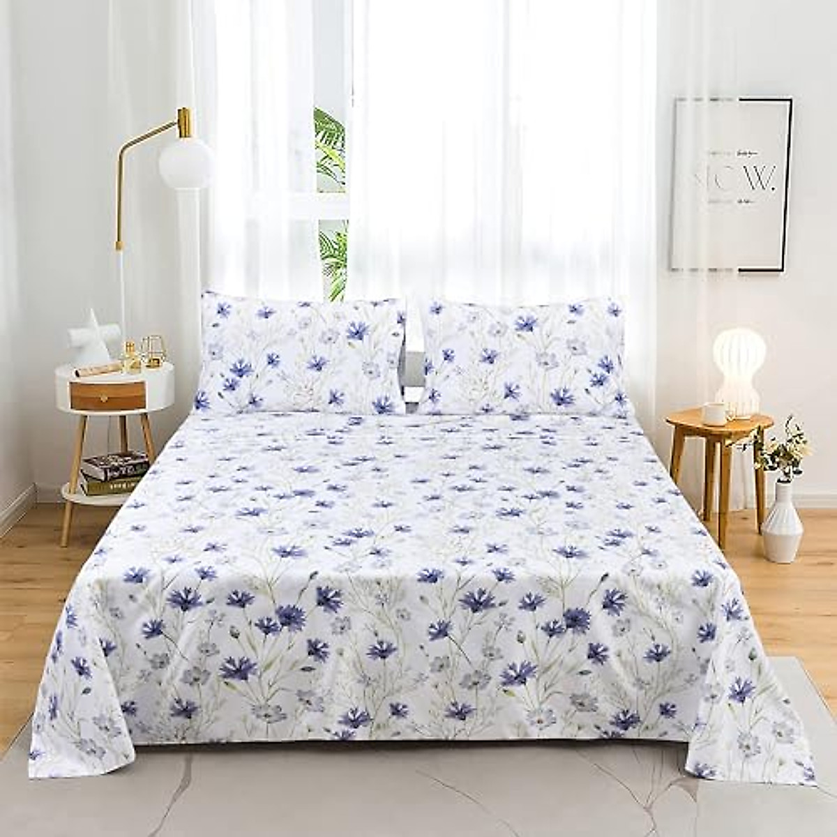 EnvioHome Full Bed Sheet Set, 4-Piece Natural 100% Cotton Full Size Sheets, Ultra Soft Light Breathable Luxury Percale Weave Floral Bed Sheets Full Size,16" Deep Pocket Sheets Full Size Bed, Lavender