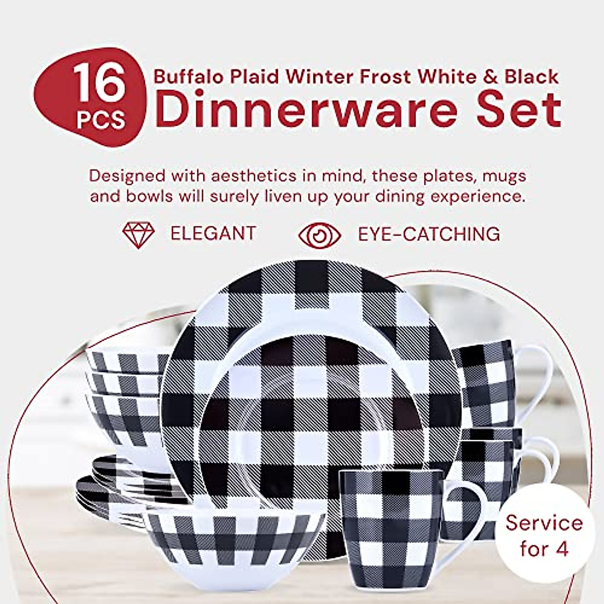 Winter Frost White, Black Modern Kitchen Dinnerware Sets, Indoor and Plates, 16-Piece Plaid Kitchen Plates and Bowls Set with Mugs, Dishwasher Safe
