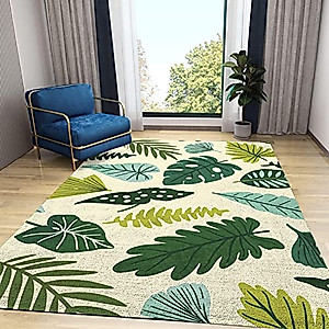 Tropical Plant Green Leaves Area Rug, Abstract Leaves Leaves Home Decor Rug, Easy Clean Carpet with Anti-Slip Backing Durable Not Falling Off for Bedroom Living Room Dining Room Office 5ftx3.3ft