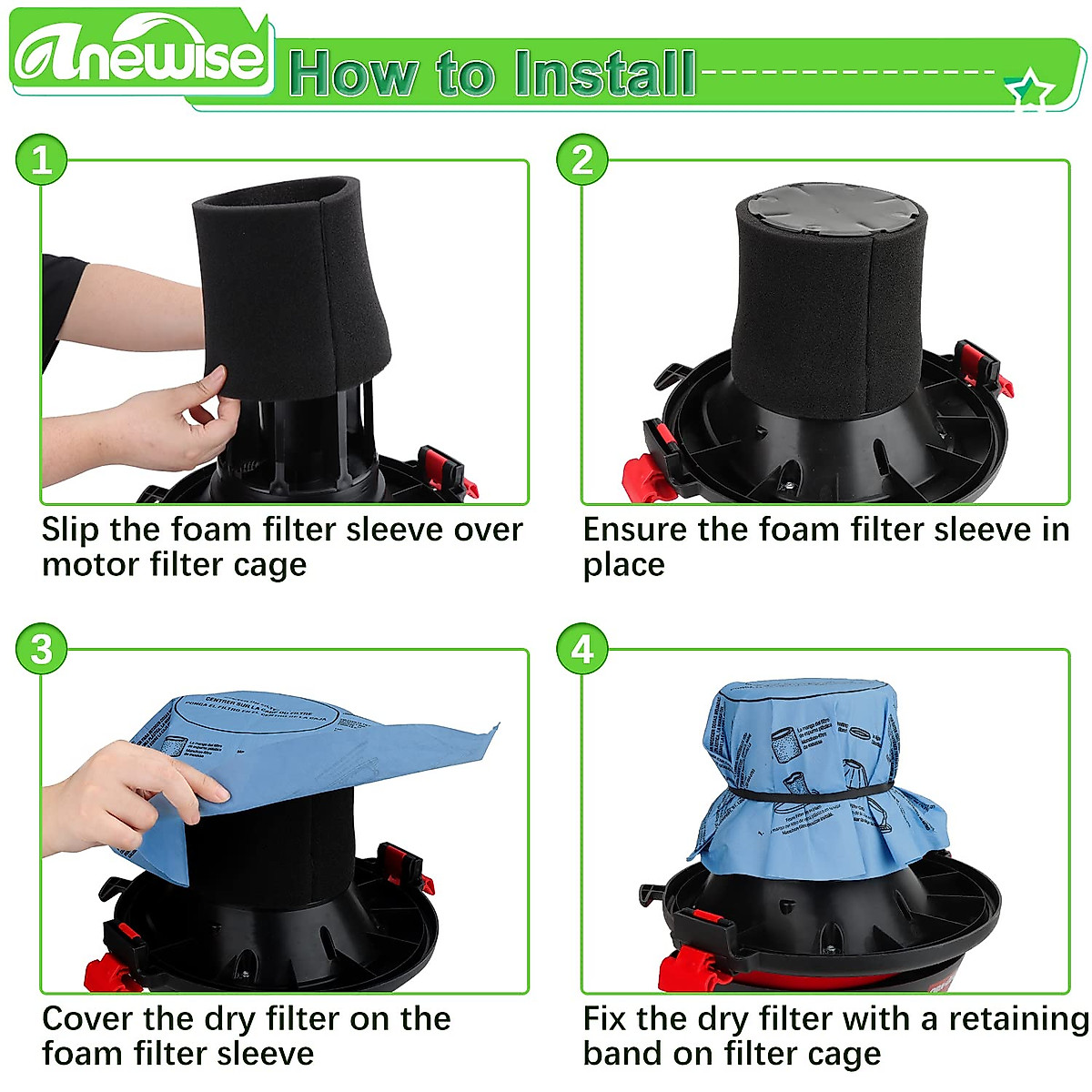 Anewise 3 Pack 90585 Filter Foam Sleeve and 6 Pack 9010700 Dry Filter Disc for Shop Vac Wet/Dry for Vacmaster for Genie Shop 5 Gallon Up Vacuum, Compare to Part #9058500, 9010700