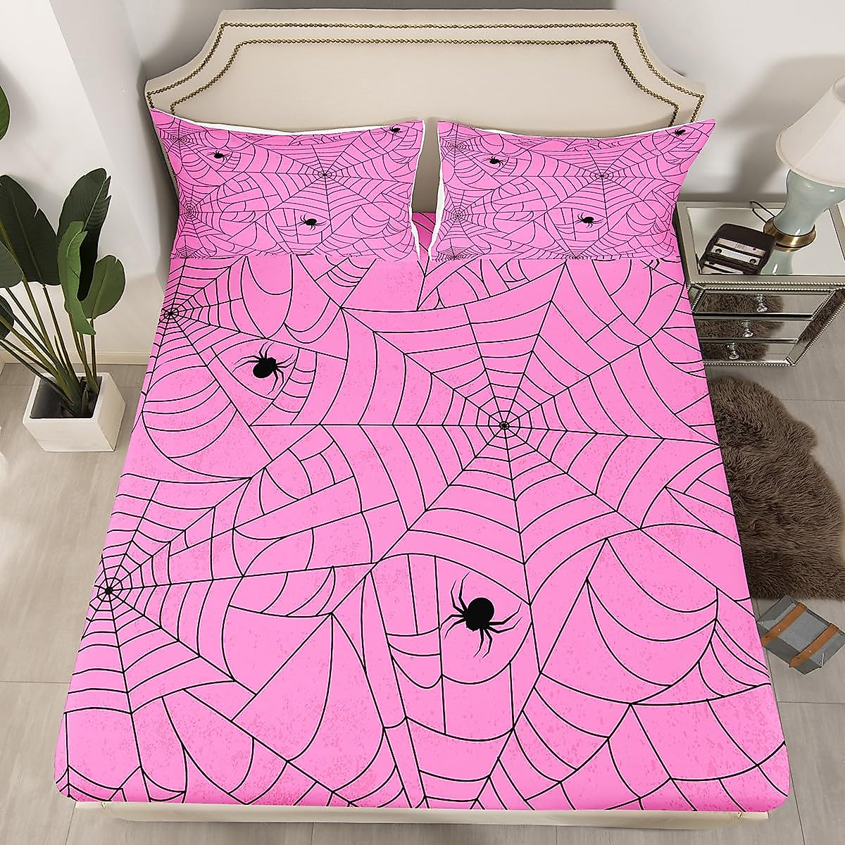 Pink Halloween Sheets Set Full Size Spider Web Bed Sheet Set for Boys Girls Children Spider Animal Bedding Set Pink Black Halloween Night Room Decor Bed Sheets with Deep Pocket Fitted Sheet 4Pcs