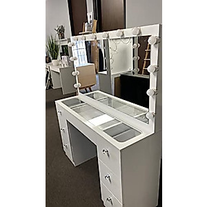 MSILVA 07 Drawers Glass top White Makeup Vanity with Mirror and Set of 14 led Lights Bulbs