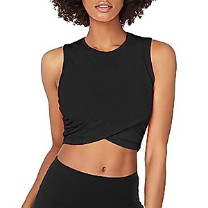 Sanutch Cropped Workout Tops for Women Cute Sleeveless Yoga Tops Running Gym Workout Shirts Black S