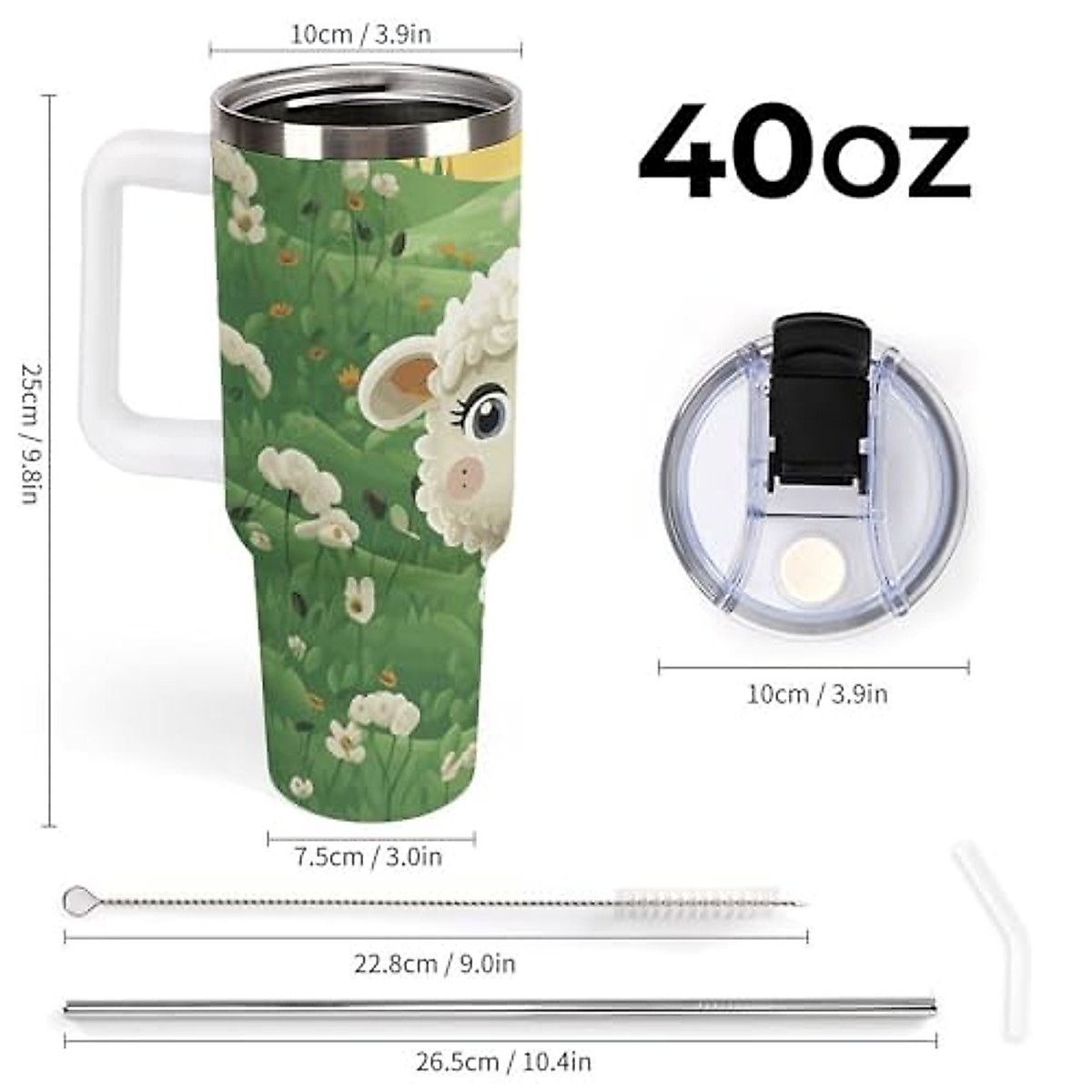 LLUTSNTH 40 Oz Vacuum Tumbler with White Handle Leakproof Insulated Tumbler Cute Cartoon Sheep Stainless Steel Travel Mug with Lid And Straw Coffee Cup Cute Water Bottles Cup Holder Friendly