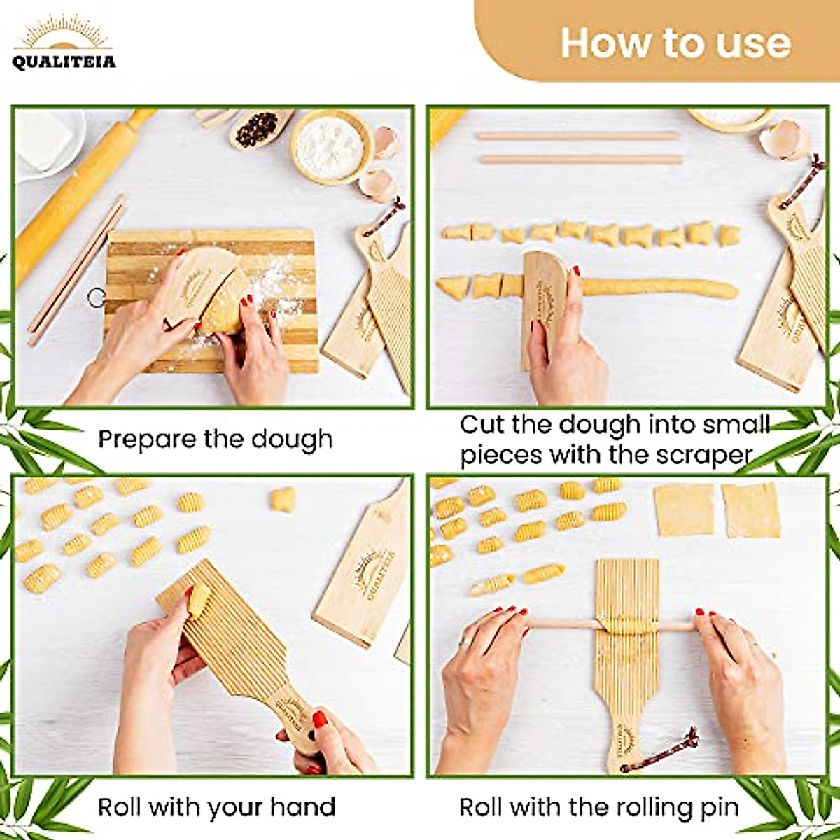 Qualiteia Gnocchi Board Set for Rolling Dough - 2 Pcs Paddles Rollers 1 Pc Cutter Authentic Pasta Shaper Tools Butter Maker Garganelli Cavatelli Tortellini Cavarola Roller Great Cutlery Gift, 9