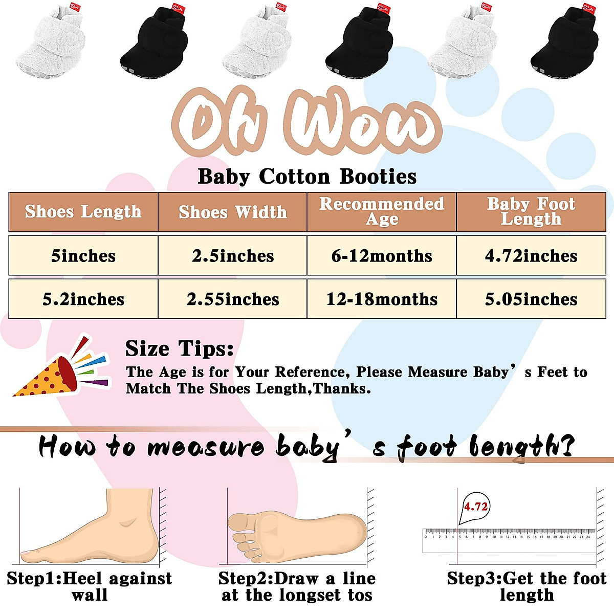 Bencailor 2Pair Baby Booties Unisex Newborn Baby Cotton Booties Warm Sock Shoes Nonslip Stay on Baby Shoes with Gripper Soles (Black, White,6-12 Months)