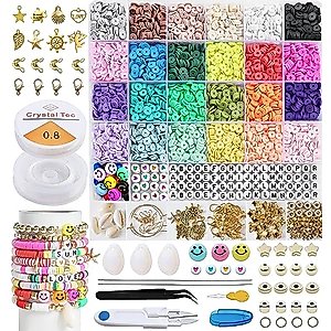 Segden 6000pcs Clay Bead Bracelet Kit,Polymer Flat Beads for Bracelet Making Kit,24 Colors Heishi Beads Letter Beads Spacer Beads for Friendship Bracelets with Charms Elastic Strings