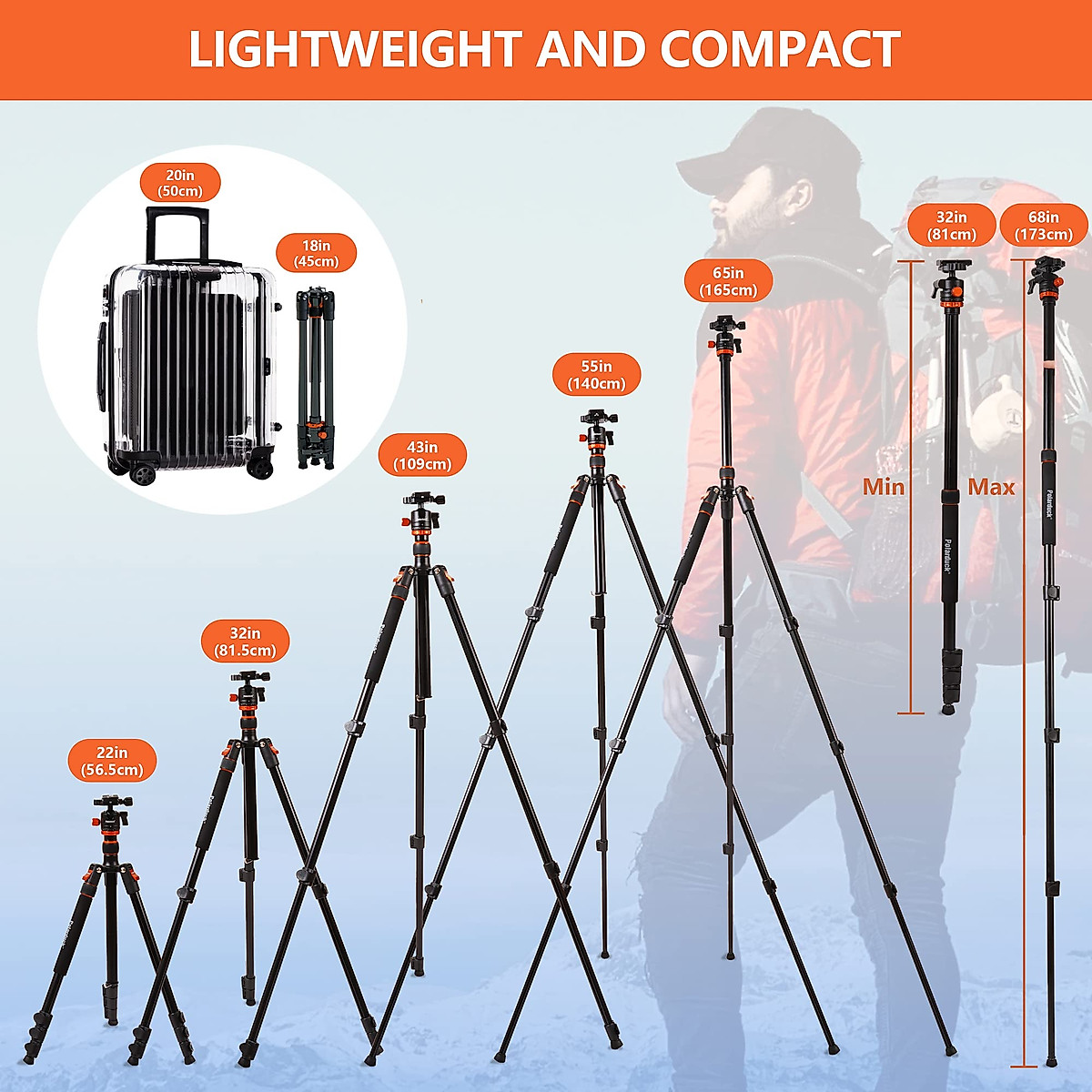 Polarduck Camera Tripod Monopod Phone Stand: 65" Professional DSLR Tripod for iPhone with Phone Mount & Travel Bag Compatible with Canon Nikon Sony Cameras Cell Phone Projector Webcam | 22lbs Load