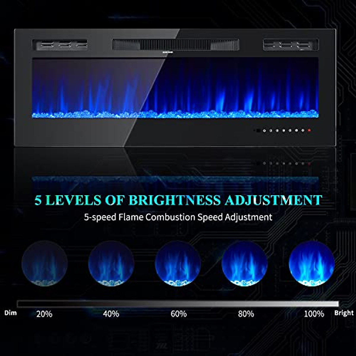 oneinmil Electric Fireplace, 50 inch Wide Recessed/Wall Mounted/Free Standing Electric Fireplace, Remote Control with Timer 12 Adjustable Color Flame, Remote Control,with Crystal Stone, 750/1500W
