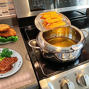 Saltlas Deep Fryer Pot (°C), 11"/4.4Qt (4.2 L) Extra Large Tempura Frying Pot with Lid, 304 Stainless Steel Fry Pot with Temperature Control and Oil Drip Drain Rack