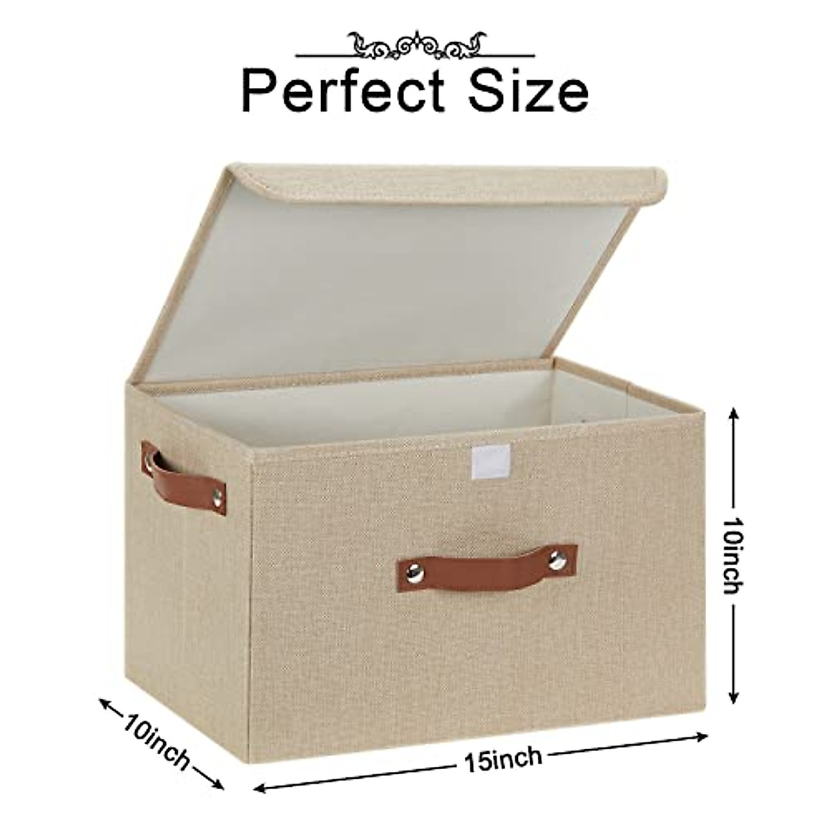 WLFRHD Fabric Storage Baskets with Lids 15x10x10 inches Collapsible Decorative Storage Boxes with Lids Closet Storage Bins Organizer Storage Works Fabric Storage Boxes with Handles for Toys Shelves Clothes (Khaki,3-Pack)