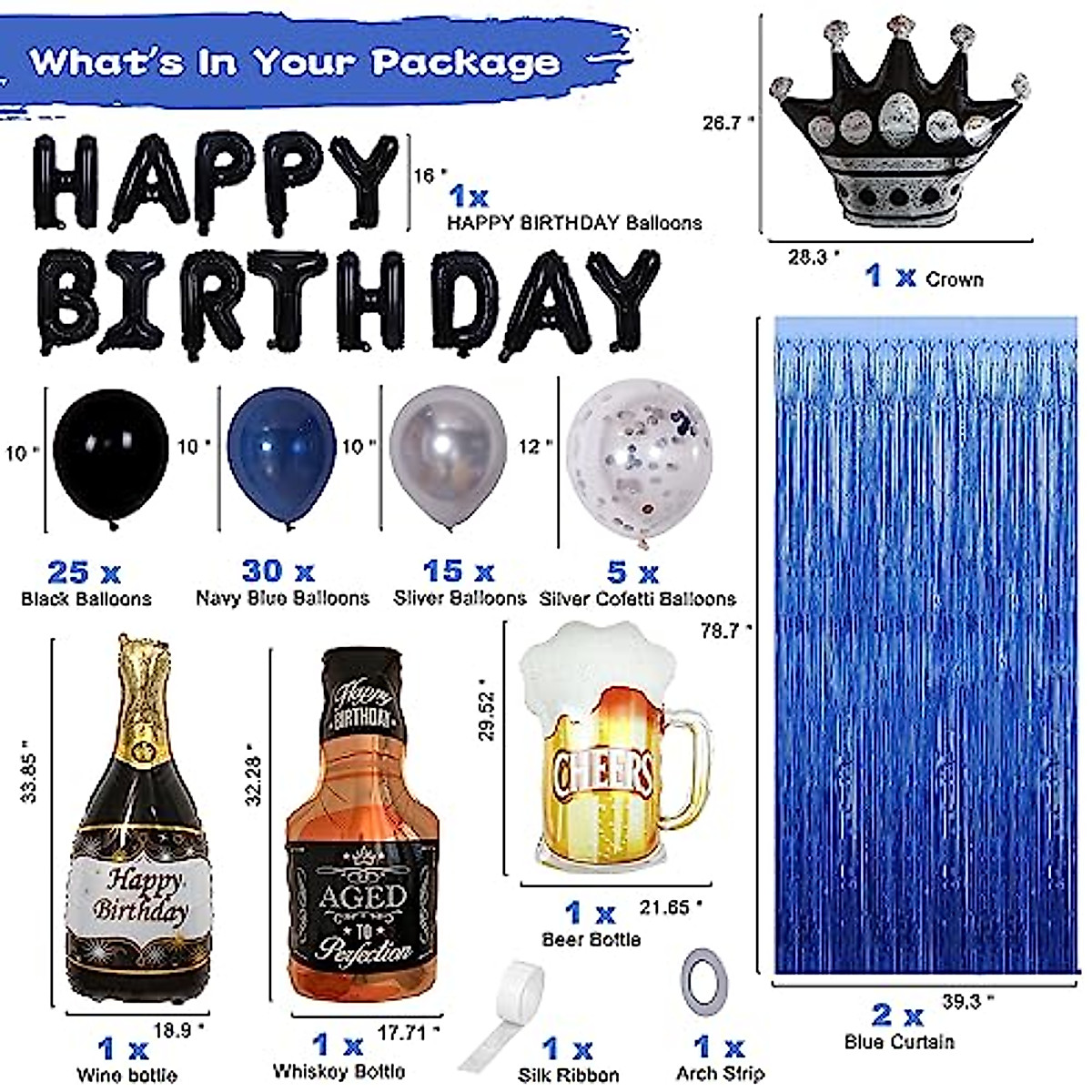 Navy Blue and Black Birthday Decorations for Men Women, Blue and Silver Birthday Party Decorations with Happy Birthday Banner,Fringe Curtains,Happy Birthday Decorations for Boys Girls Party Supplies