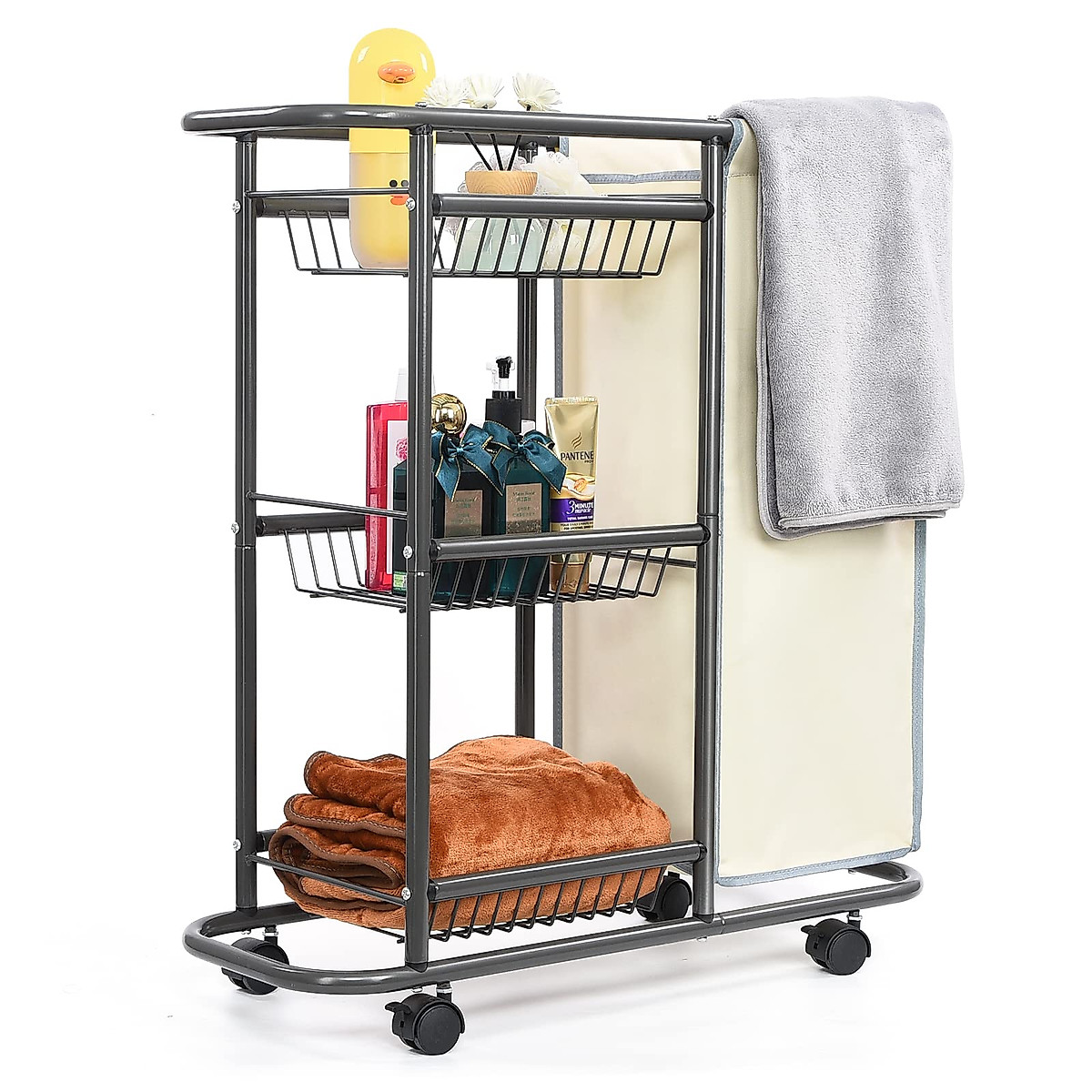 Doxbom Rolling Laundry Sorter Cart Gray Laundry Basket with Heavy Duty Wheels Movable Bathroom Slim Organizer Laundry Storage Baskets 3-Tier Storage Shelves with 1 Bag for Clothes
