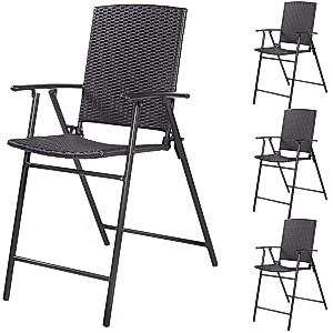 HAPPYGRILL Folding Wicker Rattan Bar Chairs Set of 4, Patio Tall Stool with Back, Steel Frame, Armrests and Footrest Bar Chairs for Garden Patio Furniture Set