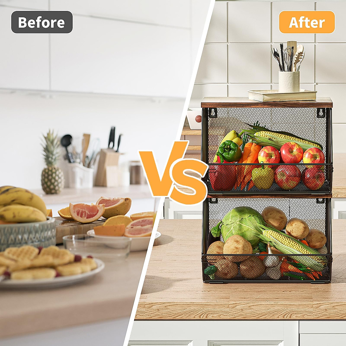 Stackable Fruit Basket for Kitchen Countertop Space Saving, Wall Mounted Mesh Metal Wire Baskets with Wood Lid Extra Storage, 2 Pack Kitchen Counter Organizer for Snack, Onion and Potato Storage