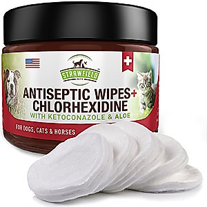 Strawfield Pets Cat & Dog Cleaning Wipes for Paws, Butt, Face, Ear & Body | Antibacterial & Antifungal Chlorhexidine Wipes for Yeast Infection Treatment, Hot Spot, Ringworm, Bacteria & Fungus