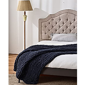 DIRUNEN Chunky Knit Luxury Throw Blanket Large Cable Knitted Premium Soft Cozy Chenille Bulky Blankets for Cuddling up in Bed, on The Couch or Sofa (Dark Gray-Silver Ribbon) 59"×79"