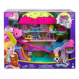 Polly Pocket Doll House with 2 Micro Dolls, Toy Car, Doll Furniture & 4 Pets, Expandable Pet Adventure House