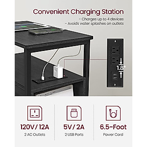 VASAGLE Side Table with Charging Station, Narrow End Table with 2 Drawers, Slim Nightstand and Bedside Table with Storage, for Small Spaces, Black ULET321B22