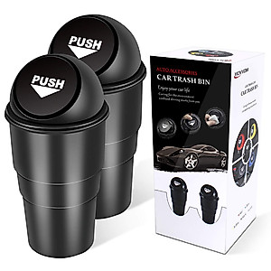 YIOVVOM Car Garbage Can with Lid, Leakproof Vehicle Automotive Cup Holder Car Trash Can, Small Trash Bin for Automotive Office Home Kitchen, Bedroom Set of 2 (Double Black, 1)