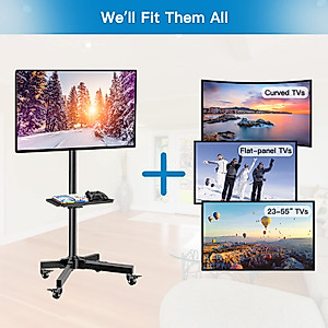 PERLESMITH Mobile TV Cart with Wheels for 23-60 Inch LCD LED OLED Flat Curved Screen Outdoor TVs Height Adjustable Shelf Floor Stand Holds up to 55lbs Monitor TV Holder with Tray Max VESA 400x400mm