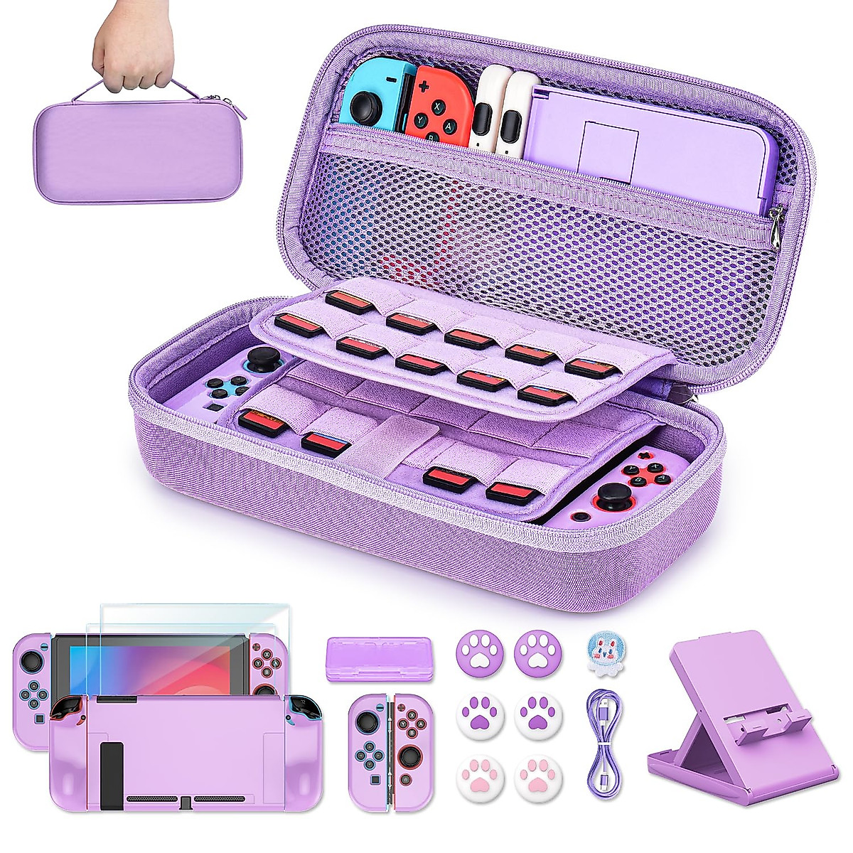 Younik Switch Carrying Case, 16 in 1 Switch Case Accessories Purple for Switch Original Model Includes Switch Travel Case Girls, Protective Case Cover, Screen Protector, Switch Game Case and More
