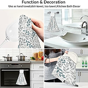 Blue Gray Leaves Branches Hanging Kitchen Towel 12 x 17 Inch Gray Leaf Spring Flowers Hand Tie Towels Set 2 Pcs Tea Bar Dish Cloths Dry Towel Soft Absorbent Durable for Bathroom Laundry Room Decor