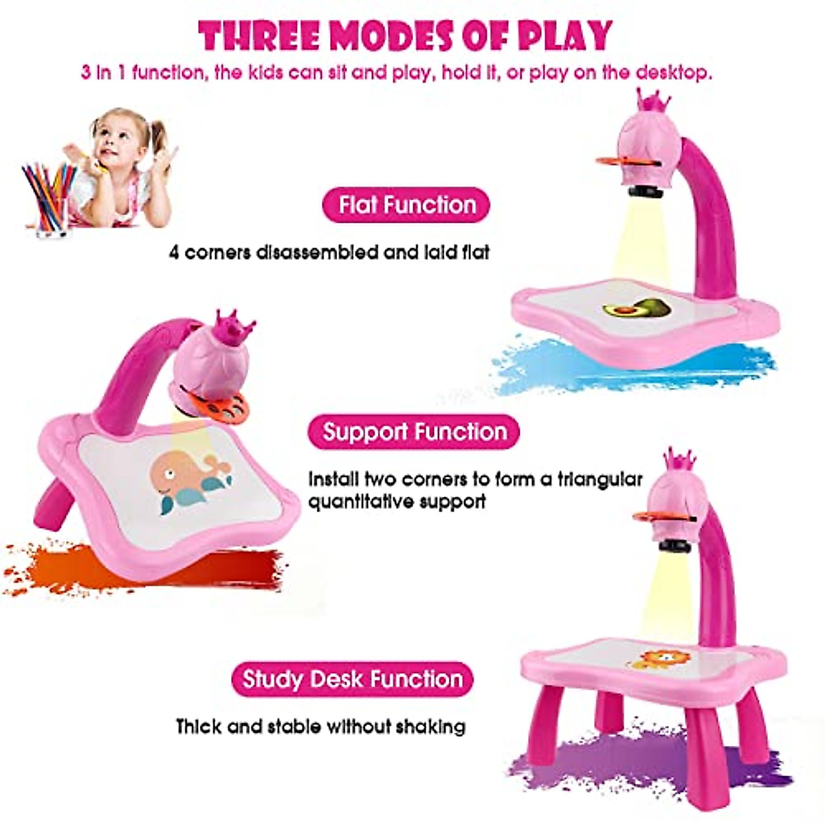 KETIEE Drawing Projector Table for Kids, Trace and Draw Projector Toy Set, Art Projector Painting Table Board Toy with Light & Music, Educational Drawing Toys for Toddler Boys Girls Age 3+ (Pink)