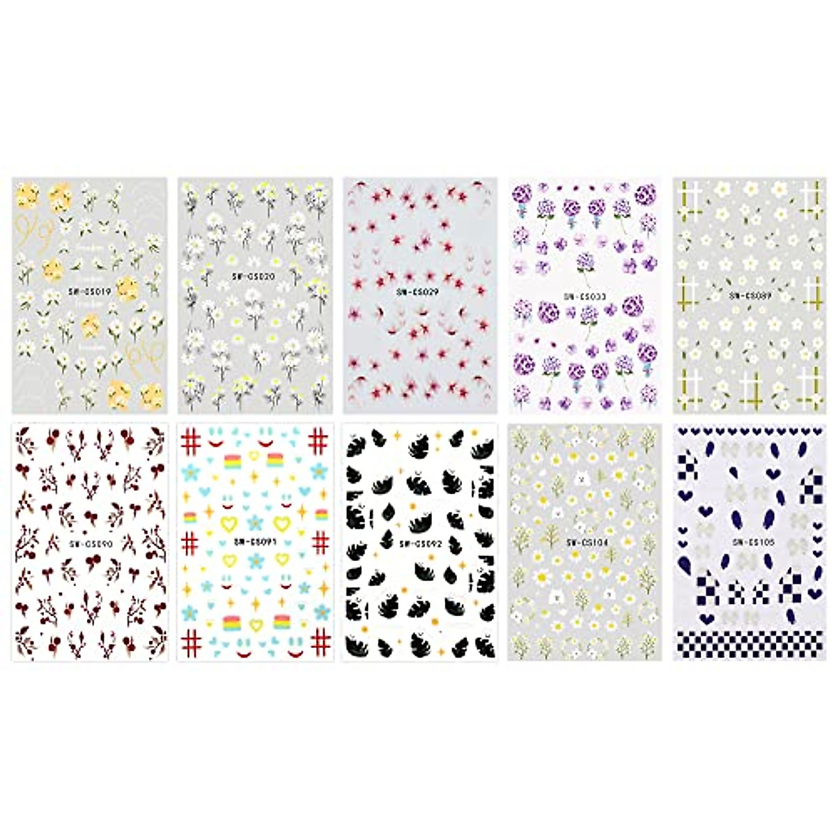 JMEOWIO 10 Sheets Spring Flower Nail Art Stickers Decals Self-Adhesive Pegatinas Uñas Summer Daisy Floral Nail Supplies Nail Art Design Decoration Accessories