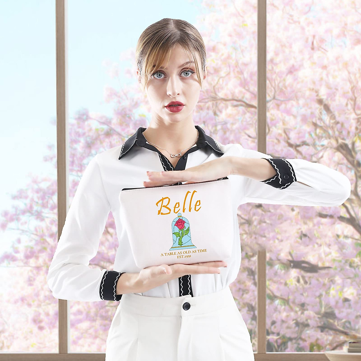 Princess Belle Rose Inspired Zipper Pouch Beauty Fairytale Princess Lover Gift A Table As Old As Time Movie Makeup Bag Gift for Princess Bella Fans (Old as Time Bag)