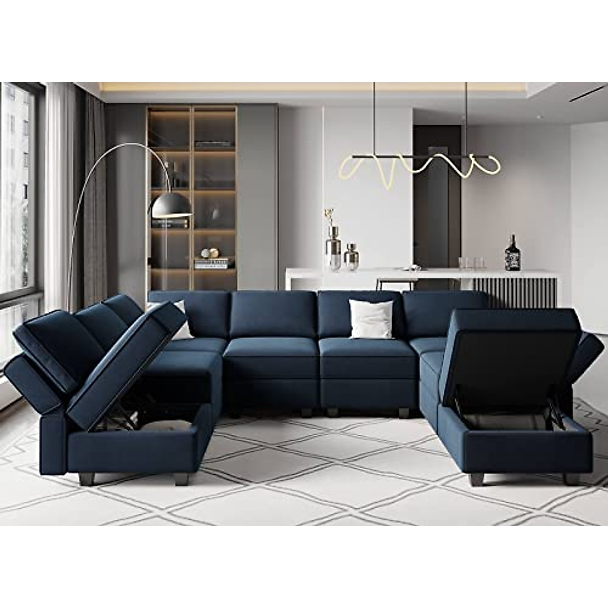 Belffin Modular Velvet Sectional Sofa with Storage Seat Oversized U Shaped Couch with Reversible Chaise Sofa Set with Ottoman Blue