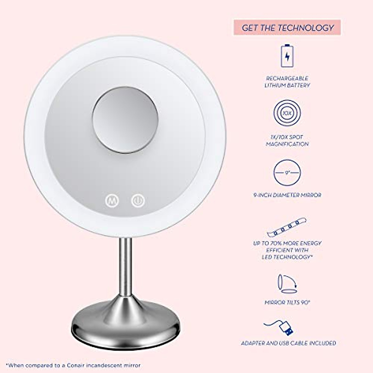 Conair Lighted Makeup Mirror with 10X Spot Magnification, LED Vanity Mirror, Handheld Mirror, 1X/10x Magnifying Mirror, Rechargeable in Satin Nickel