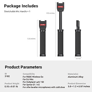 SMALLRIG Interview Microphone Handle, Stretchable Mic Handle for RODE Wireless Go, for DJI Mic, for Hollyland Lark 150, for Synco G1/A2 and Other Wireless Lavalier Microphones with Cold Shoe 3182