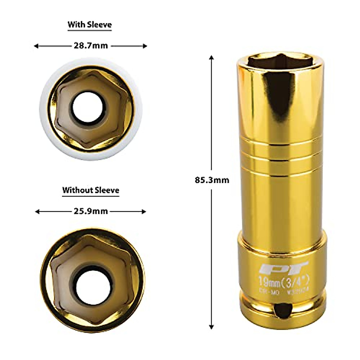 Performance Tool W32924 1/2-Inch Impact Drive 19mm/3/4 Thin Wall Socket , Gold
