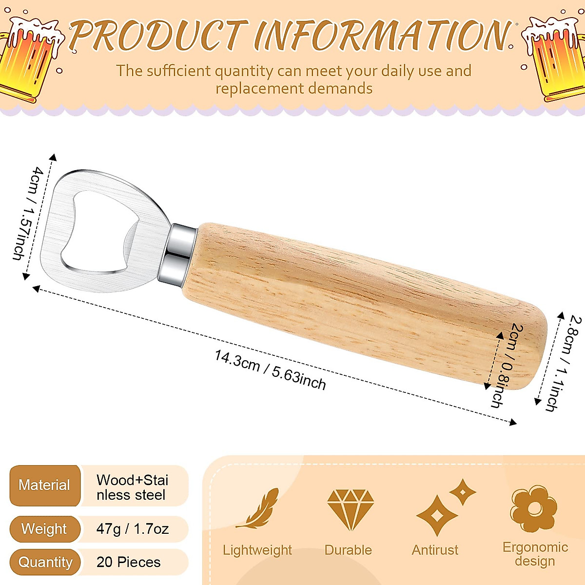 20 Pcs Stainless Steel Bottle Opener Bartender Wood Beer Opener Cider Wine Opener Bottle Opener with Wooden Handle Engraved Gift Set for Wedding Party Home Kitchen Bar Restaurant