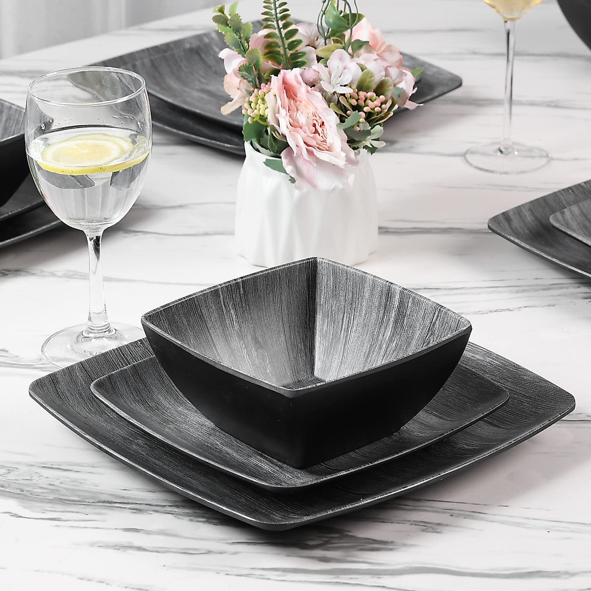 Melamine 12pcs Classic Square Dinnerware Set, Concise Plates and Bowls Set, Service for 4, Dishwasher Safe, Natural Wood Grain Design,black wood