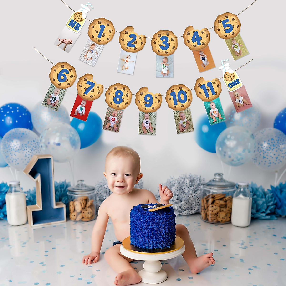 Cookies Milk Monthly Photo Banner, Cookies and Monster Theme Baby 12 Month Photo Prop Monthly Milestone Bunting Garland 1st Birthday Party Decoration