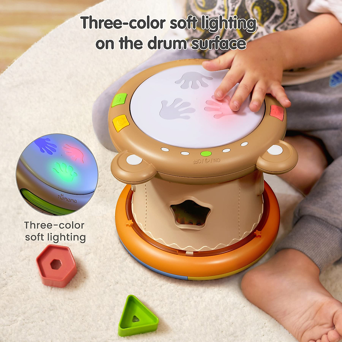 TUMAMA Baby Drum 3 in1, Baby Light Up Toys with Sounds, Musical Toys for Toddlers 1-3, Baby Musical Toys for Girls Boys, Brown Kids Drum