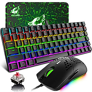 Gaming Keyboard and Mouse with Mechanical Red Switch Rainbow Backlit Wired Type-C 84 Keys Anti-ghosting,RGB 12000 DPI Lightweight Honeycomb Shell Gaming Mouse,Large Mouse Pad for PC Gamers(Black)