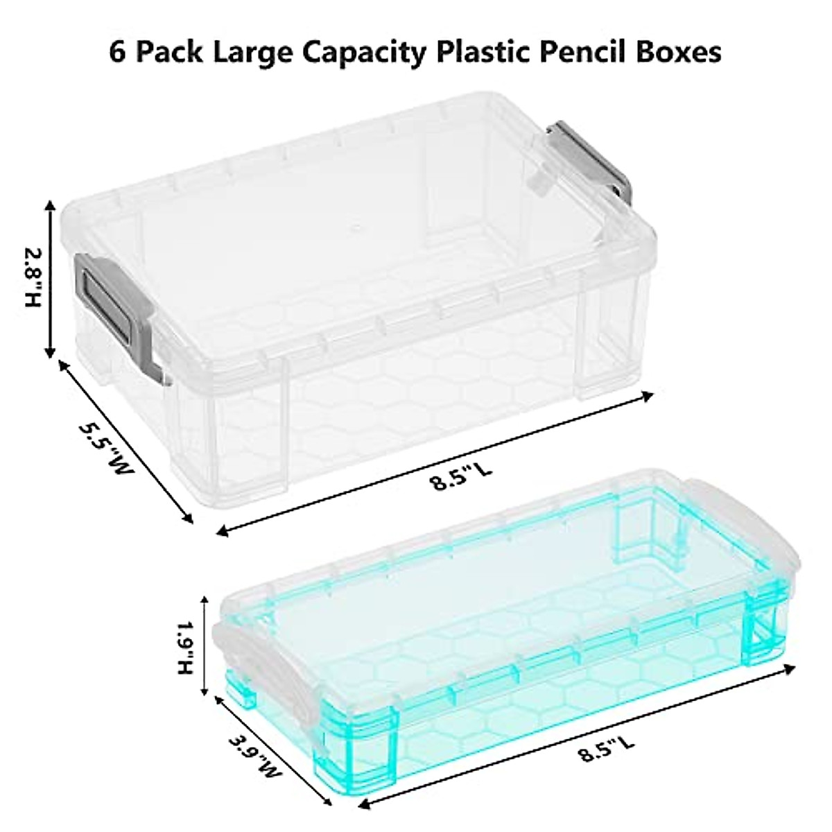 LABUK 5 Pack Plastic Pencil Boxes, Mixed Size Storage Boxes with Lids Stackable Clear Organizer Containers for Stationery Toys Crafts Storage, School Office Supplies