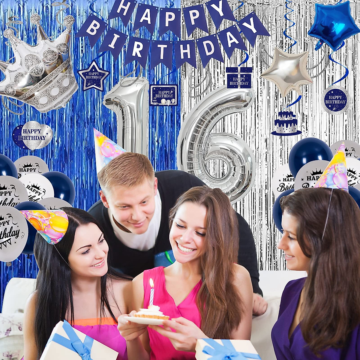 16th Birthday Decorations for Boys/Girls - Sweet 16 Birthday Decorations Blue and Silver Including HAPPY 16th BIRTHDAY Banner Balloons Tablecloth- 16 Years Old Birthday Party Supplies