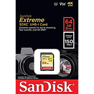 SanDisk 64GB Extreme SDXC UHS-I Memory Card - 150MB/s, C10, U3, V30, 4K UHD, SD Card - SDSDXV6-064G-GNCIN