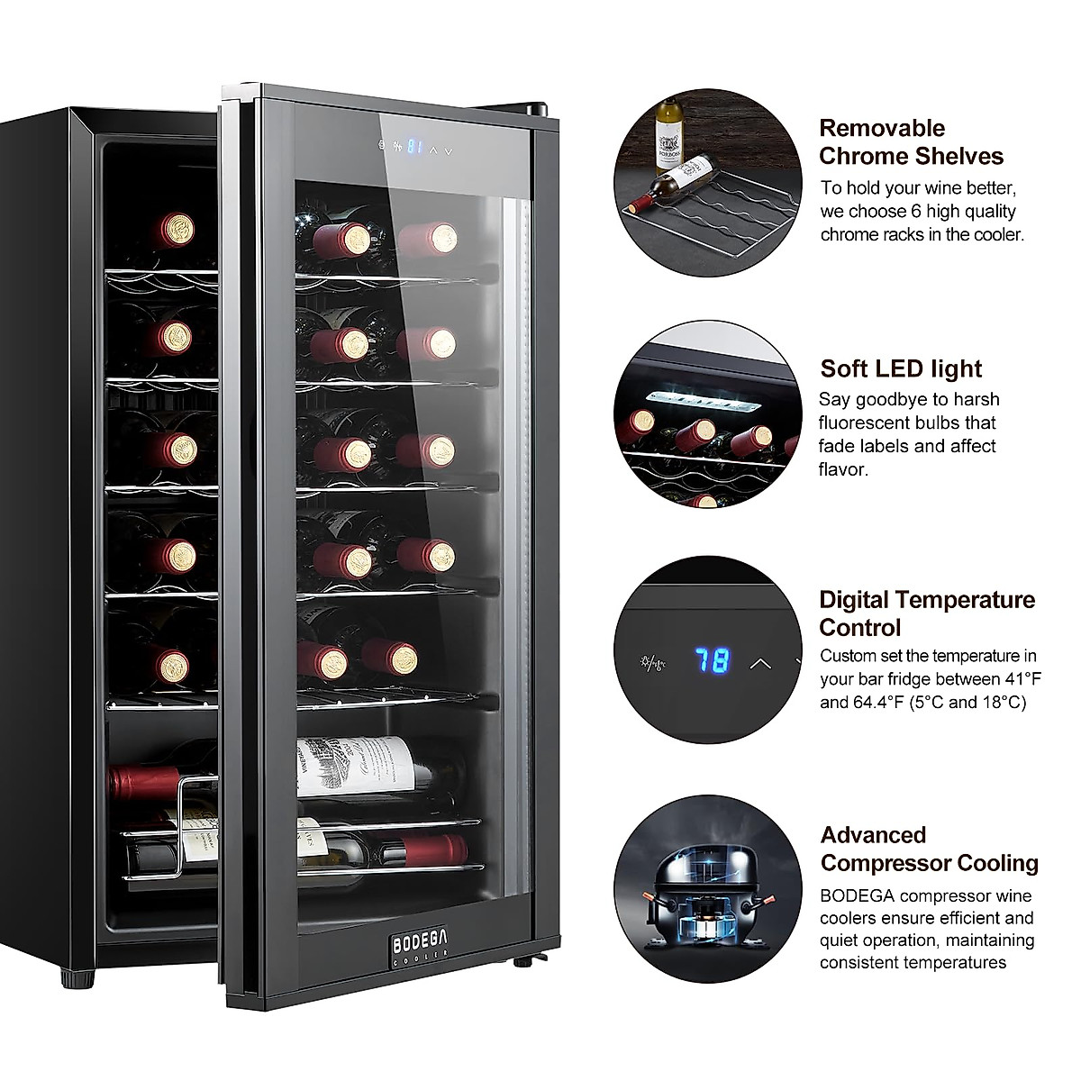 BODEGACOOLER 24 Bottle Mini Fridge for Bedroom, Compressor Wine Cooler Refrigerator for Home and Kitchen, Wine Cooler with Digital Temperature Control & Double-layer Glass Door for Wine, Champagne.